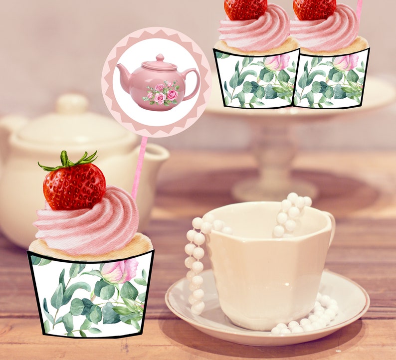 Pink Roses Tea Party Cupcake Toppers Cupcake Wrappers and Printable ...