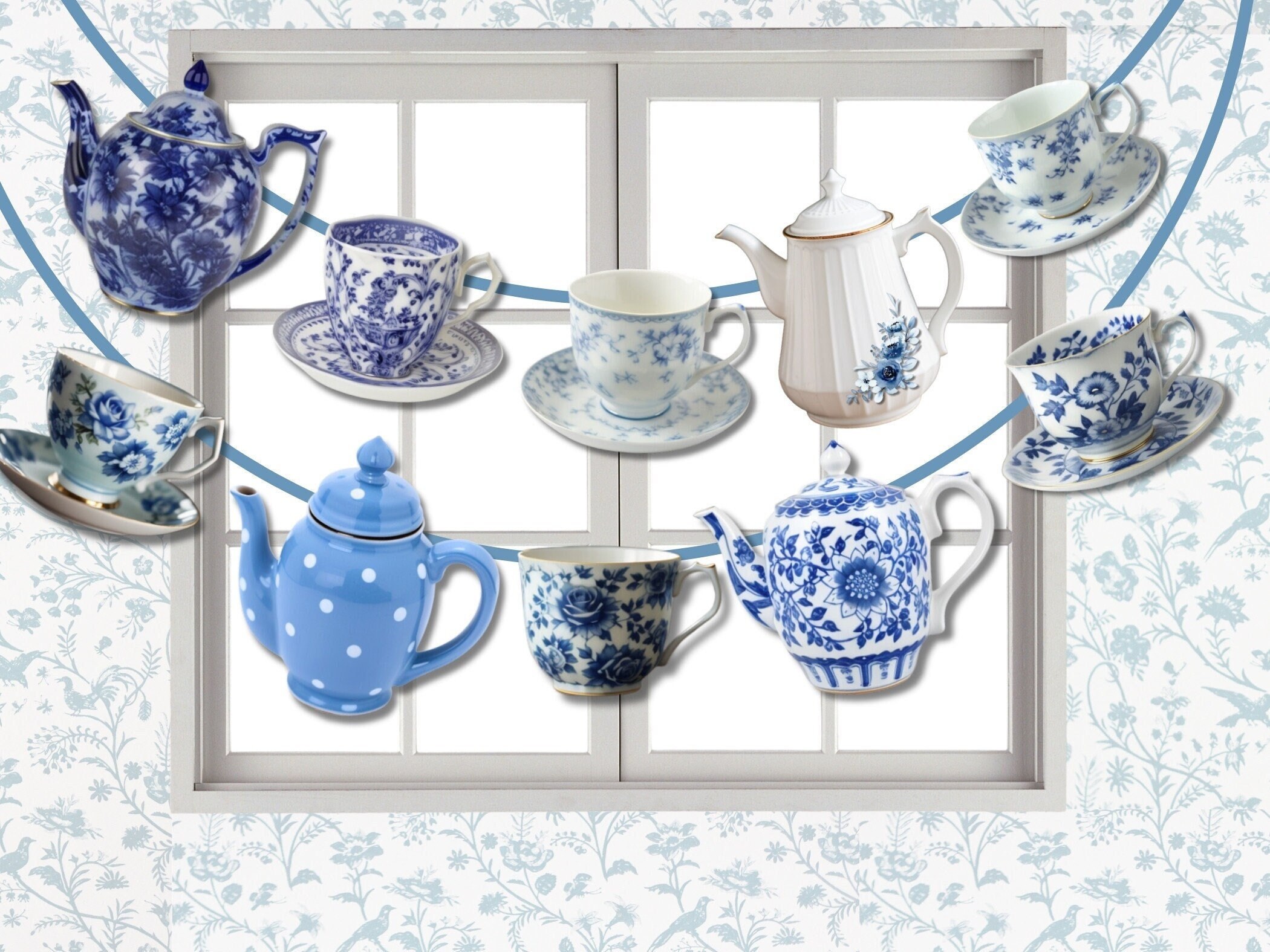 Printable Tea Party Garland Decoration - Blue and White High Tea Baby ...