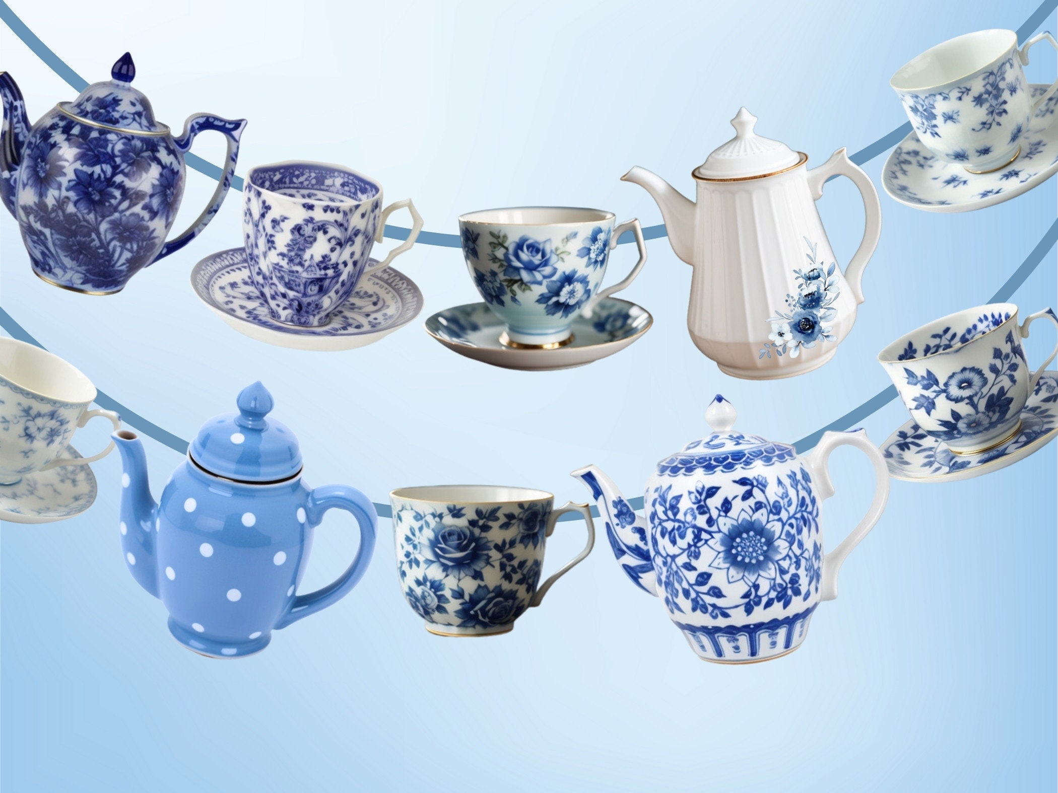 Printable Tea Party Garland Decoration - Blue and White High Tea Baby ...