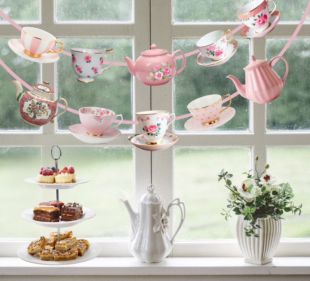 Pink Rose Tea Party Garland Banner Printable High Tea Girls Birthday ...