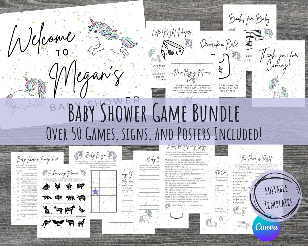 Unicorn Baby Shower Games Baby Shower Games PRINTABLE Baby Shower Games ...