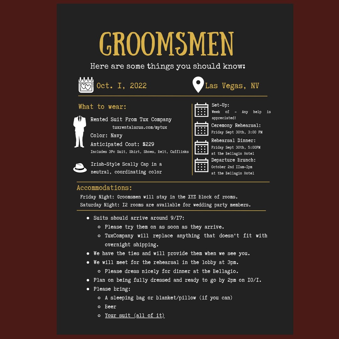 Groomsmen Info Card - Digital Download, 5x7 - Etsy