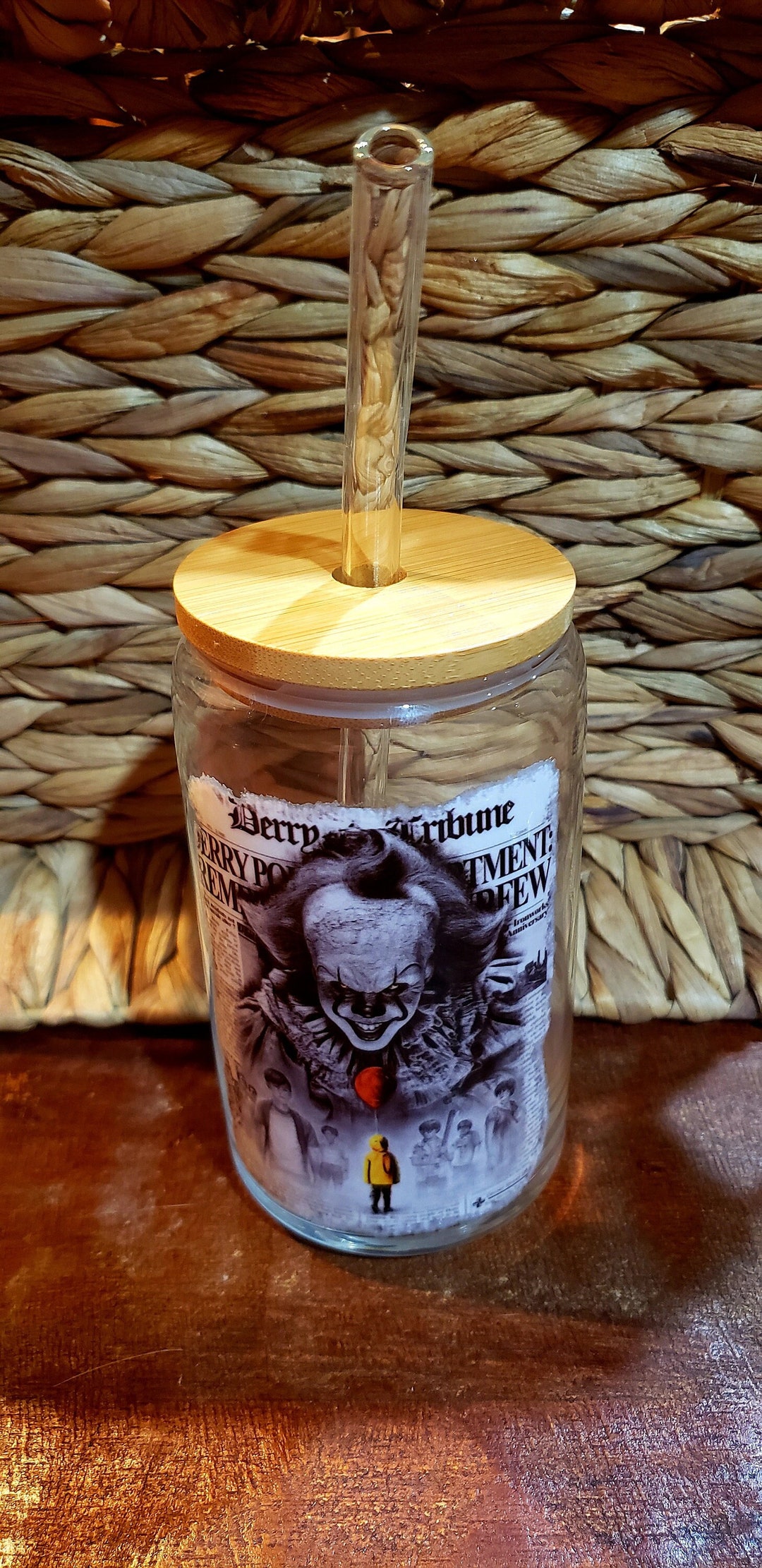 Pennywise / IT / Glass Tumbler With Glass Straw and Bamboo Lid / Beer ...