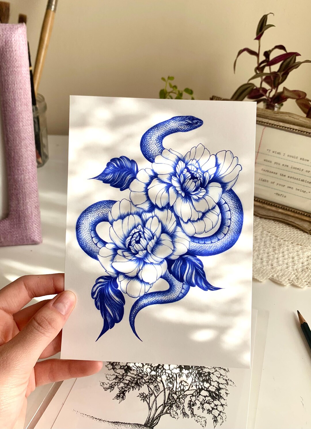 Blue Snake Print- Original Hand Drawn- Blue Ballpoint Pen- Giclée Print ...