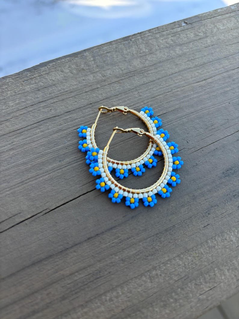 Beaded Hoop Earring, Blue, Daisy, Flower, Cream, Yellow, Gold Hoop ...