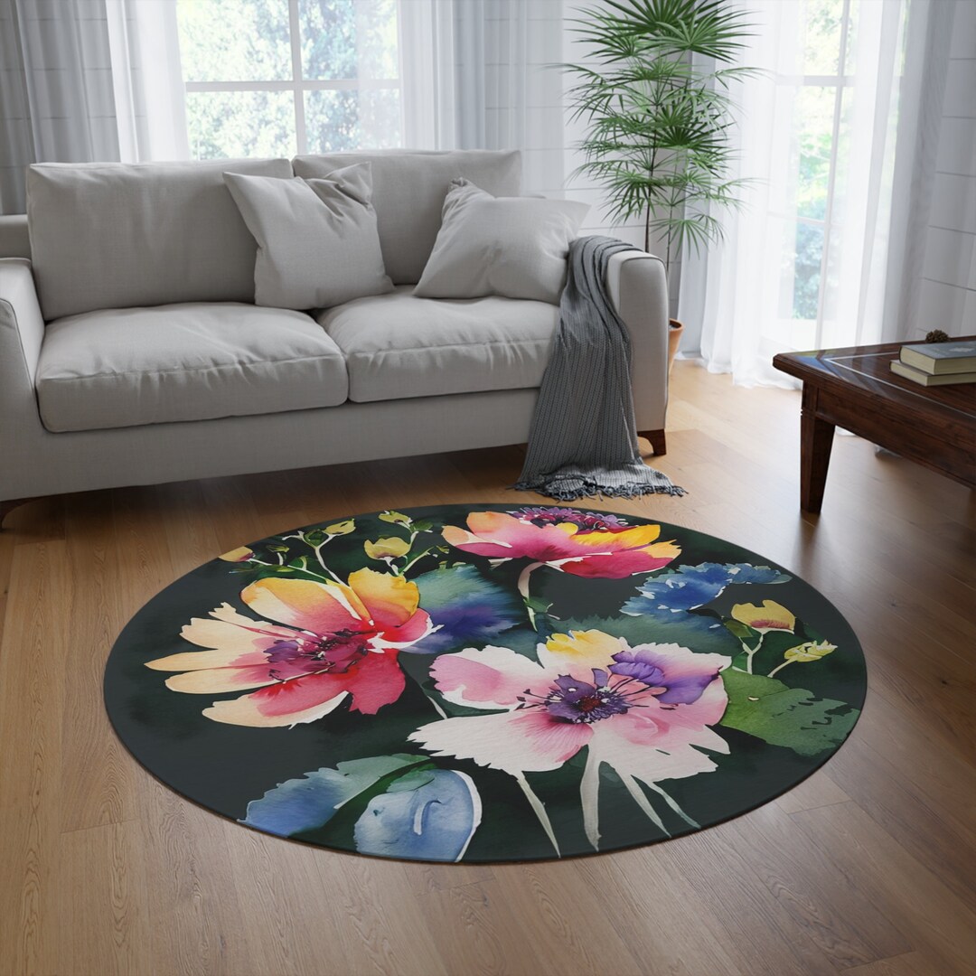 Botanical Round Rug, Watercolor Plant Circle Rug, Floral Area Rug for ...