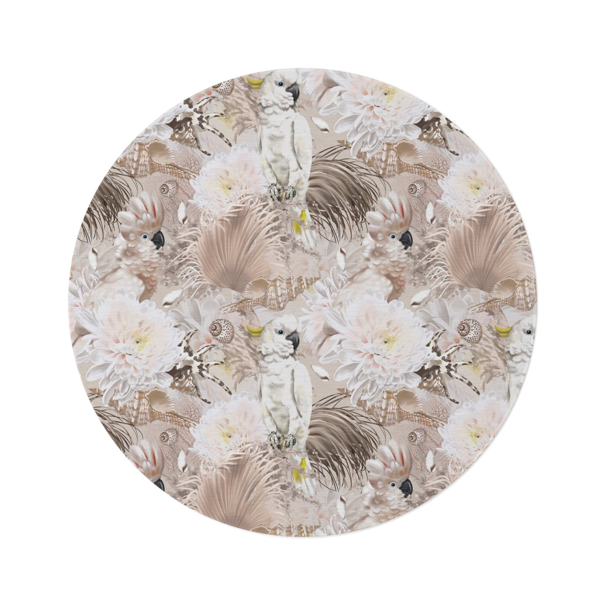 Beige Modern Area Rug, Round Nature Rug, Bird Decoration, Boho Natural ...