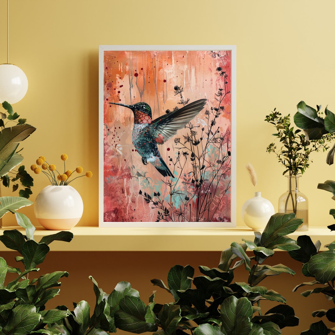 Botanical Hummingbird Wall Art Bird Poster Print Floral Framed Canvas ...