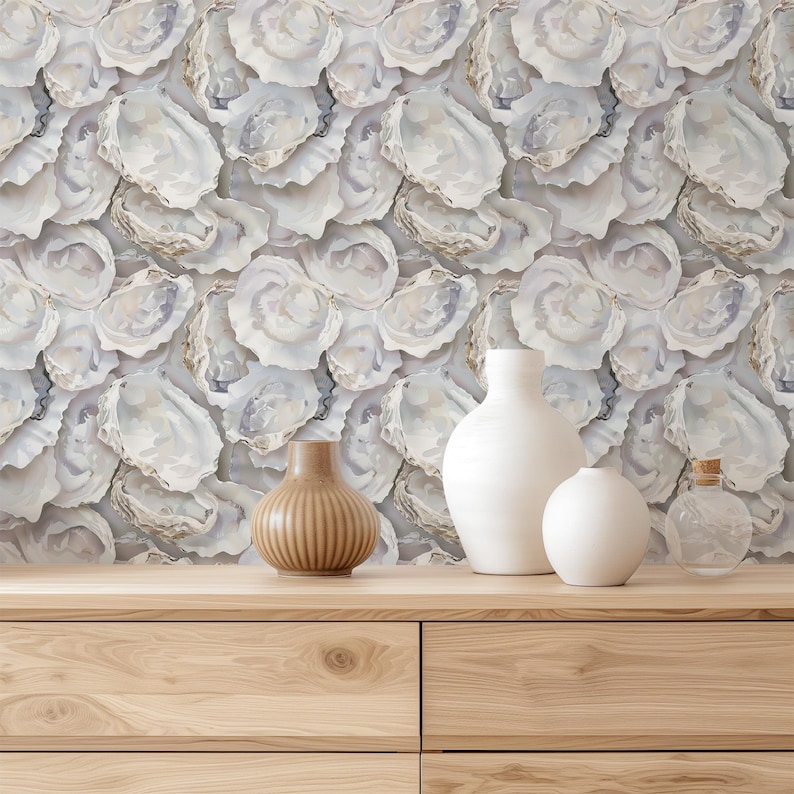 Neutral Coastal Oyster Wallpaper - Beach House Sea Shell Accent Wall ...