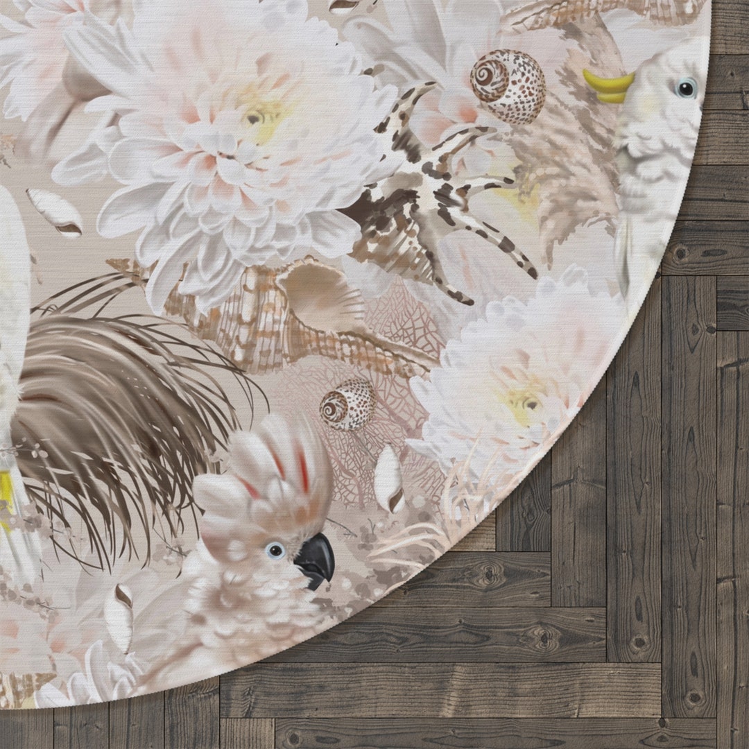Beige Modern Area Rug, Round Nature Rug, Bird Decoration, Boho Natural ...