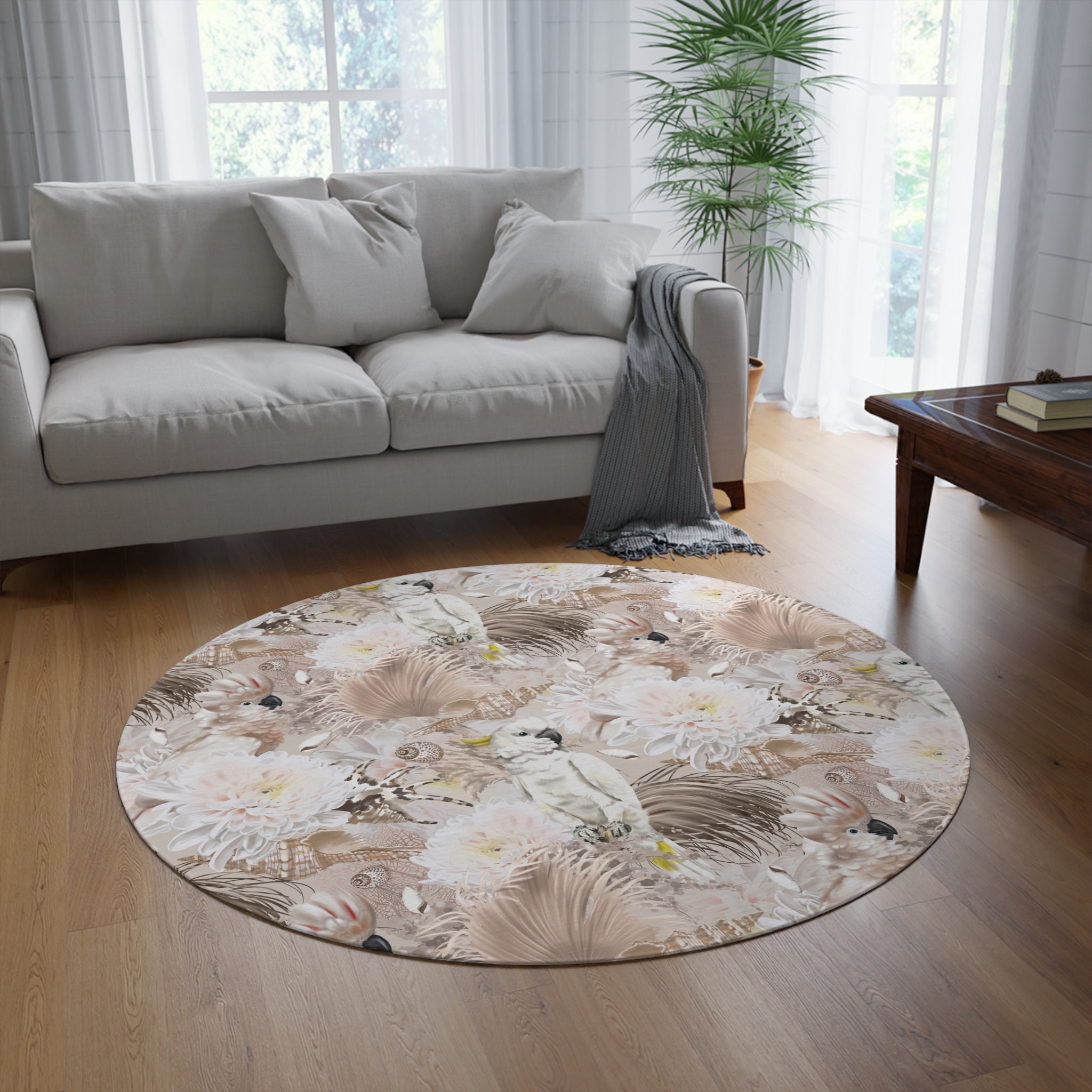 Beige Modern Area Rug, Round Nature Rug, Bird Decoration, Boho Natural ...