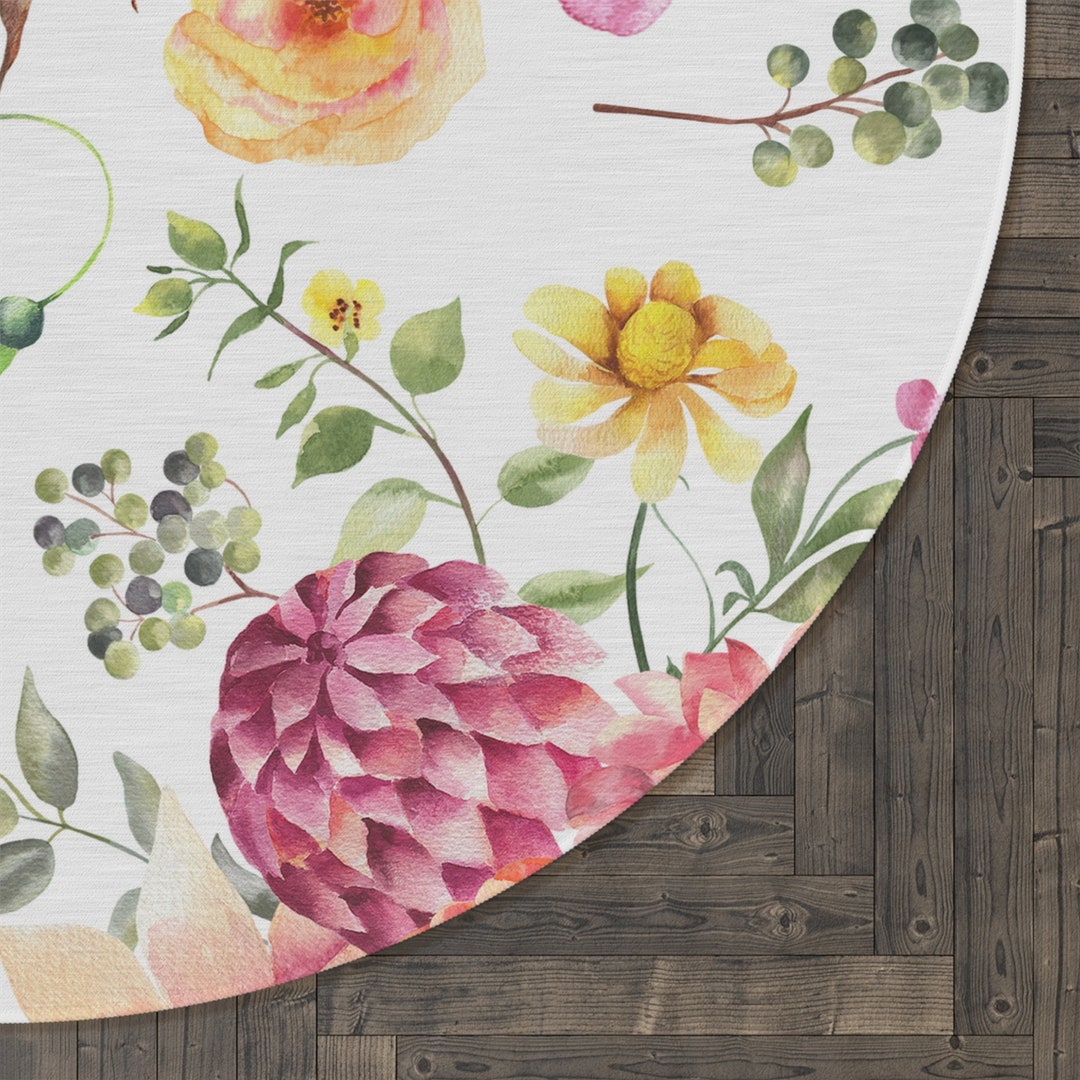 Floral Round Rug, Boho Circle Rug, Colorful Plant Area Rug for Living ...