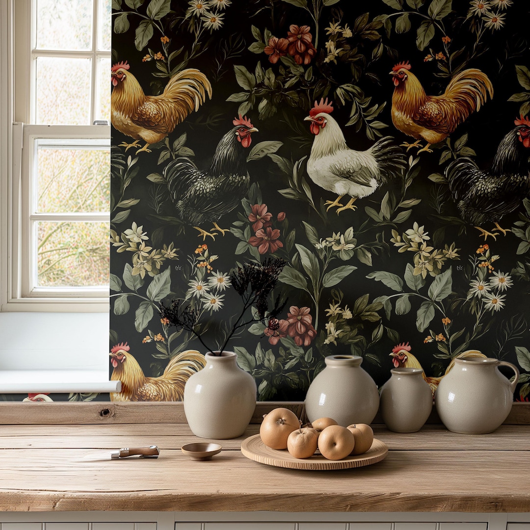 Dark Botanical Chicken Wallpaper: Moody Floral Cottage Farmhouse ...