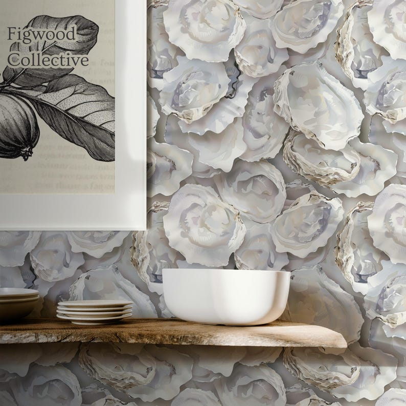 Neutral Coastal Oyster Wallpaper - Beach House Sea Shell Accent Wall ...