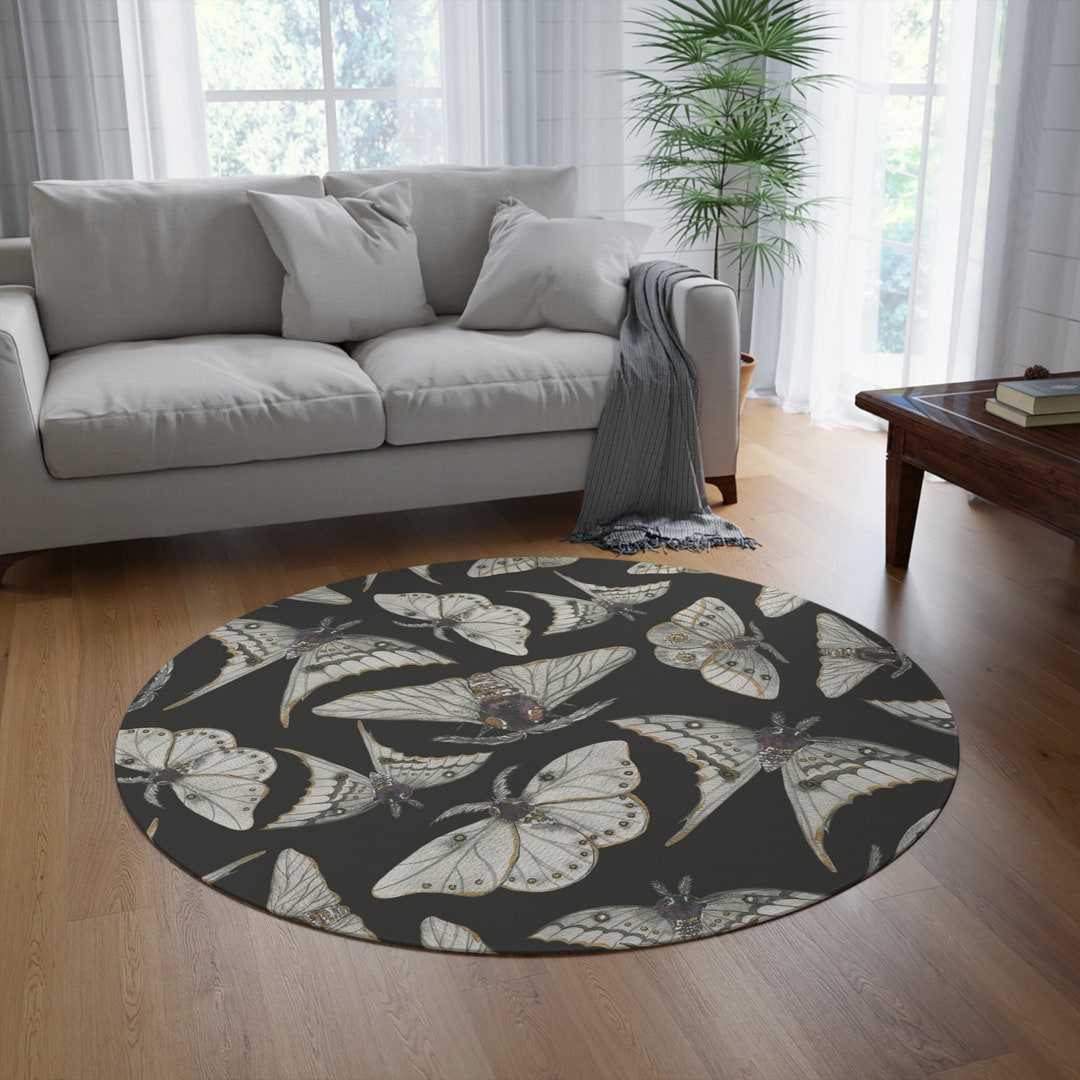 Cottagecore Moth Round Rug, Boho Circle Rug, Plant Area Rug for Living ...