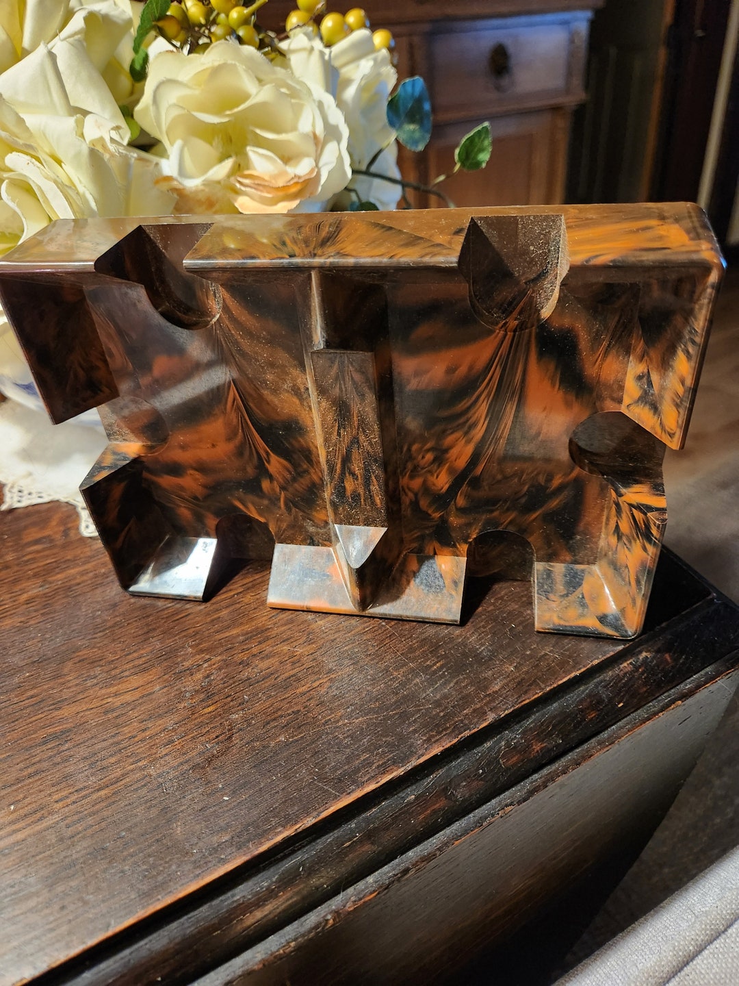 Vintage Canasta Playing Card Tray Tortoise Shell Look With 2 Decks of ...