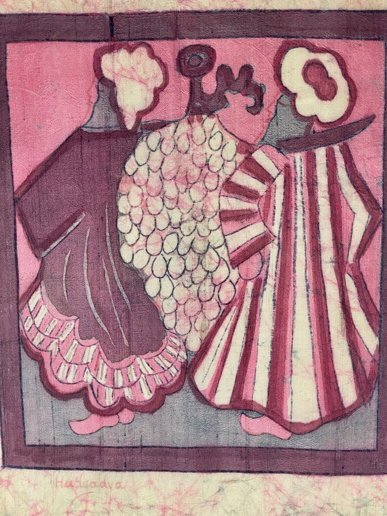 Vintage Signed Batik Painting of Fashion Figures in Burgundy, Purple ...