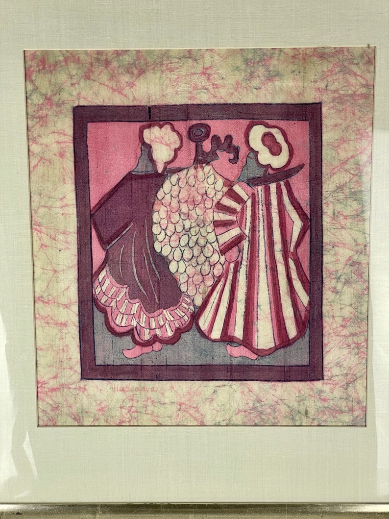 Vintage Signed Batik Painting of Fashion Figures in Burgundy, Purple ...