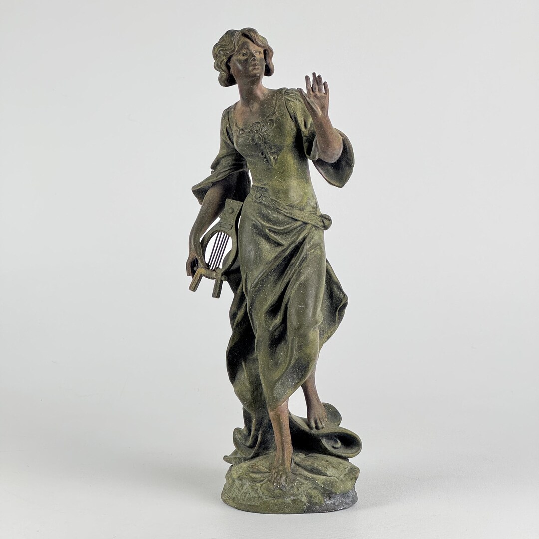 Salvaged Vintage French Spelter Bronze Sculpture of Woman Holding a ...