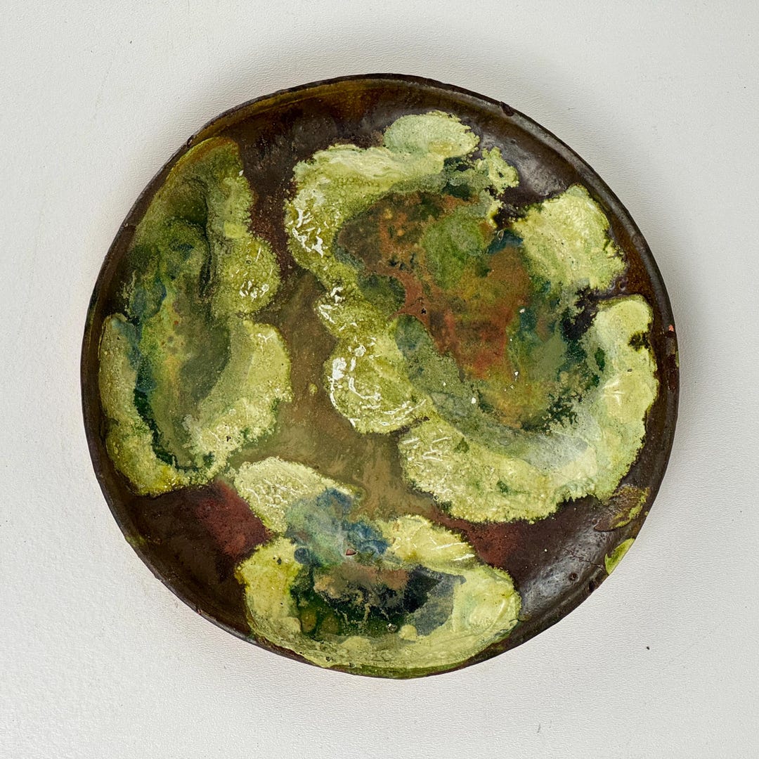 Vintage Round Art Pottery Ceramic Decorative Plate With Lime Green ...
