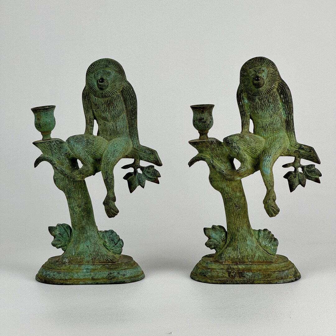 Rare Vintage Pair of Monkeys on Branches Bronze Candlestick Holders ...