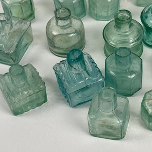 Collection Of 40 Antique 19th Century English Aqua Blue Glass Ink