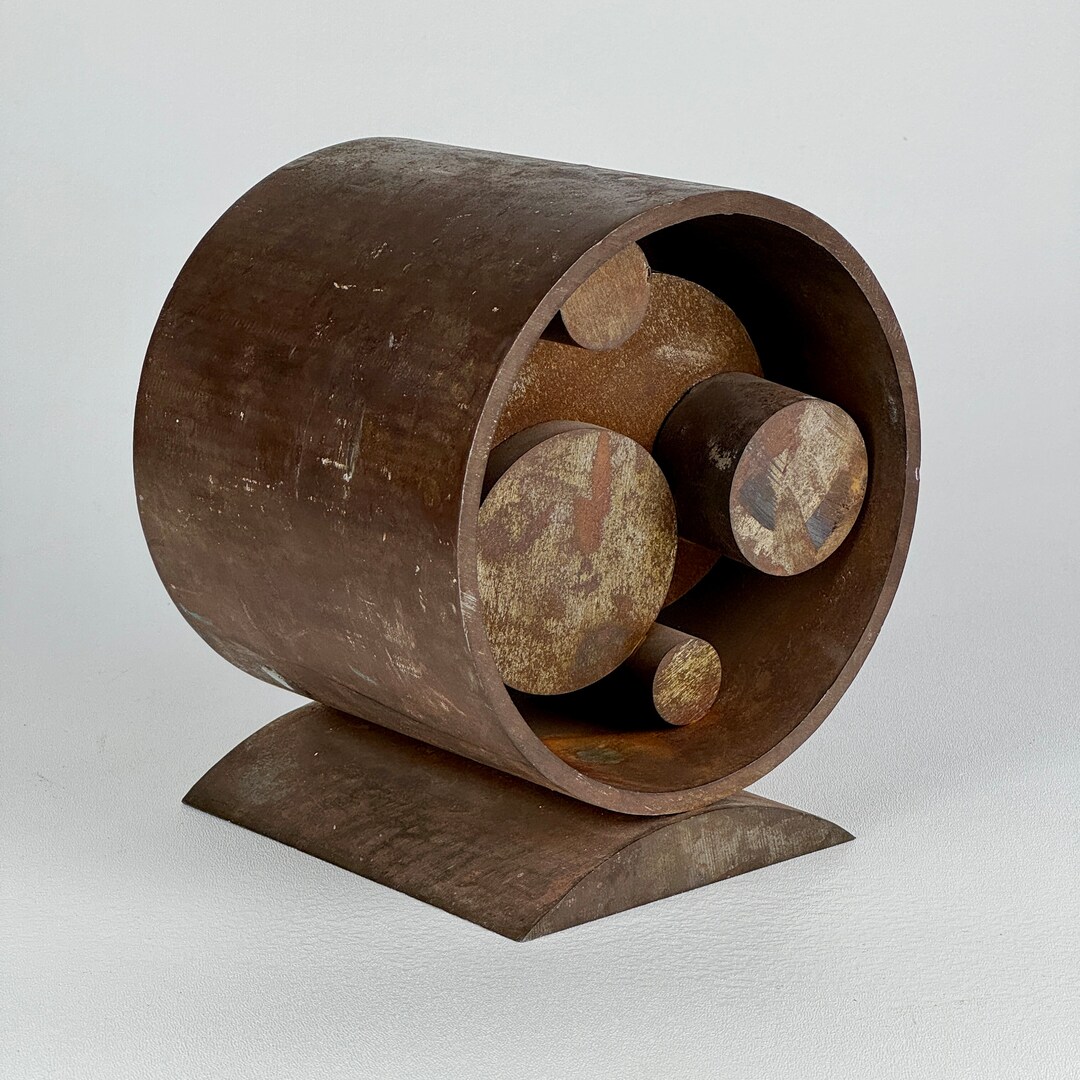 Vintage Rusty Steel Metal Cylindrical Tabletop Art Sculpture - After ...