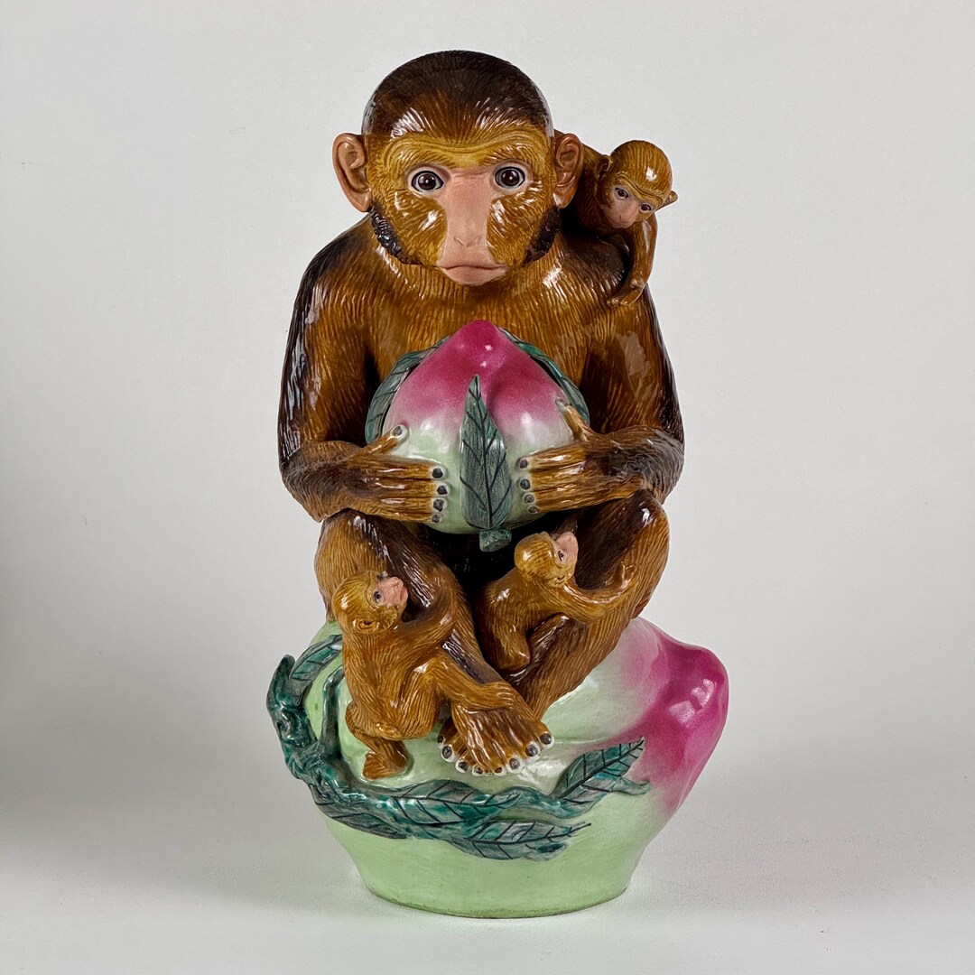 Vintage Chinese Ceramic Monkey Holding a Lotus Flower With Three Baby ...