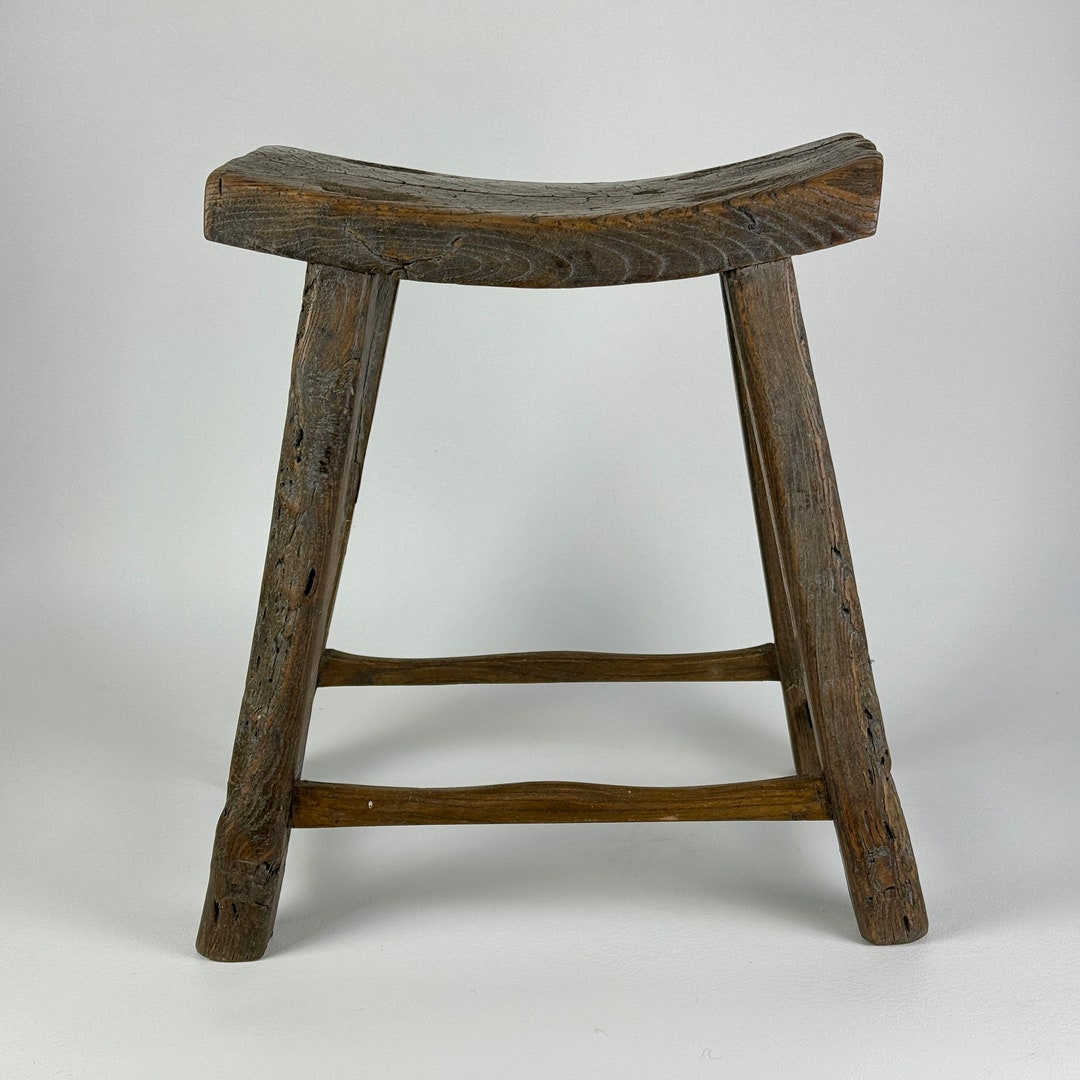Antique Stool From Heavy Elm Wood, Hand Hewn and Solid Construction 1 ...