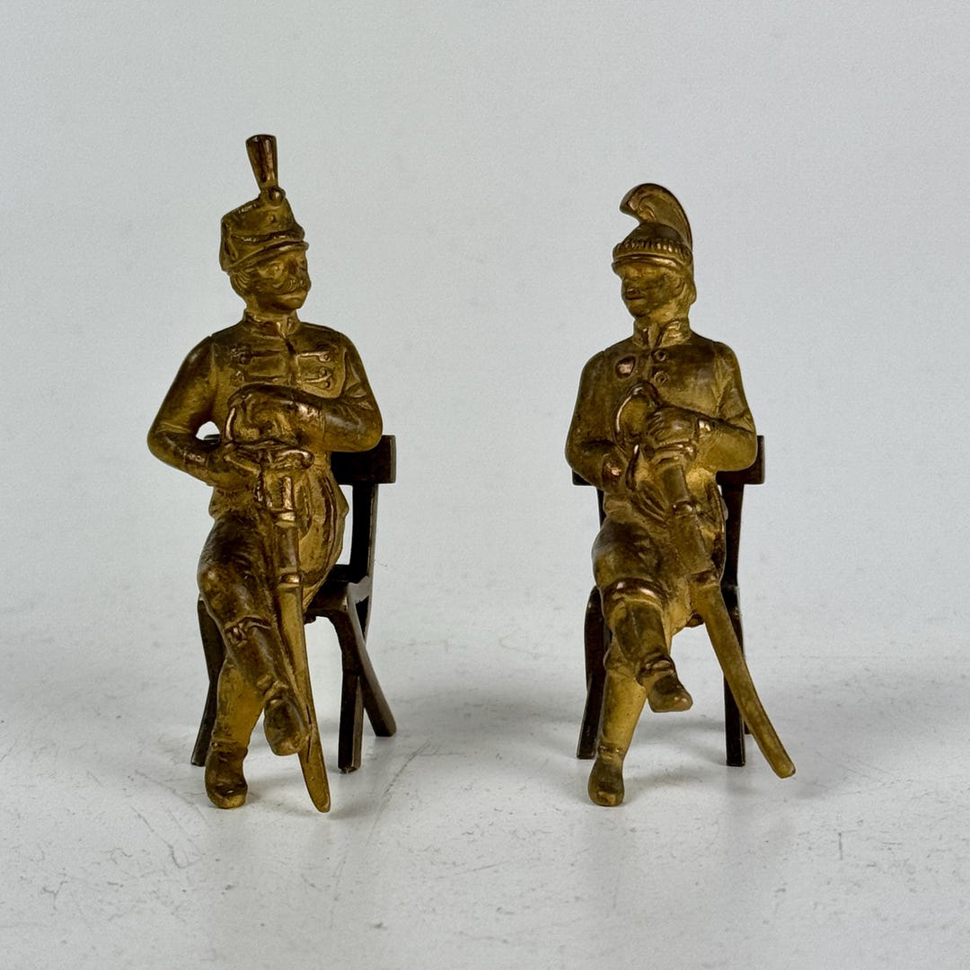 Miniature Vintage Pair of Brass Military Soldiers Sitting on Chairs ...