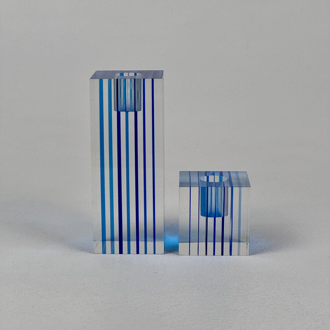 Set of 2 Richard Soong Attributed Op Art Modern Blue Lucite Acrylic ...