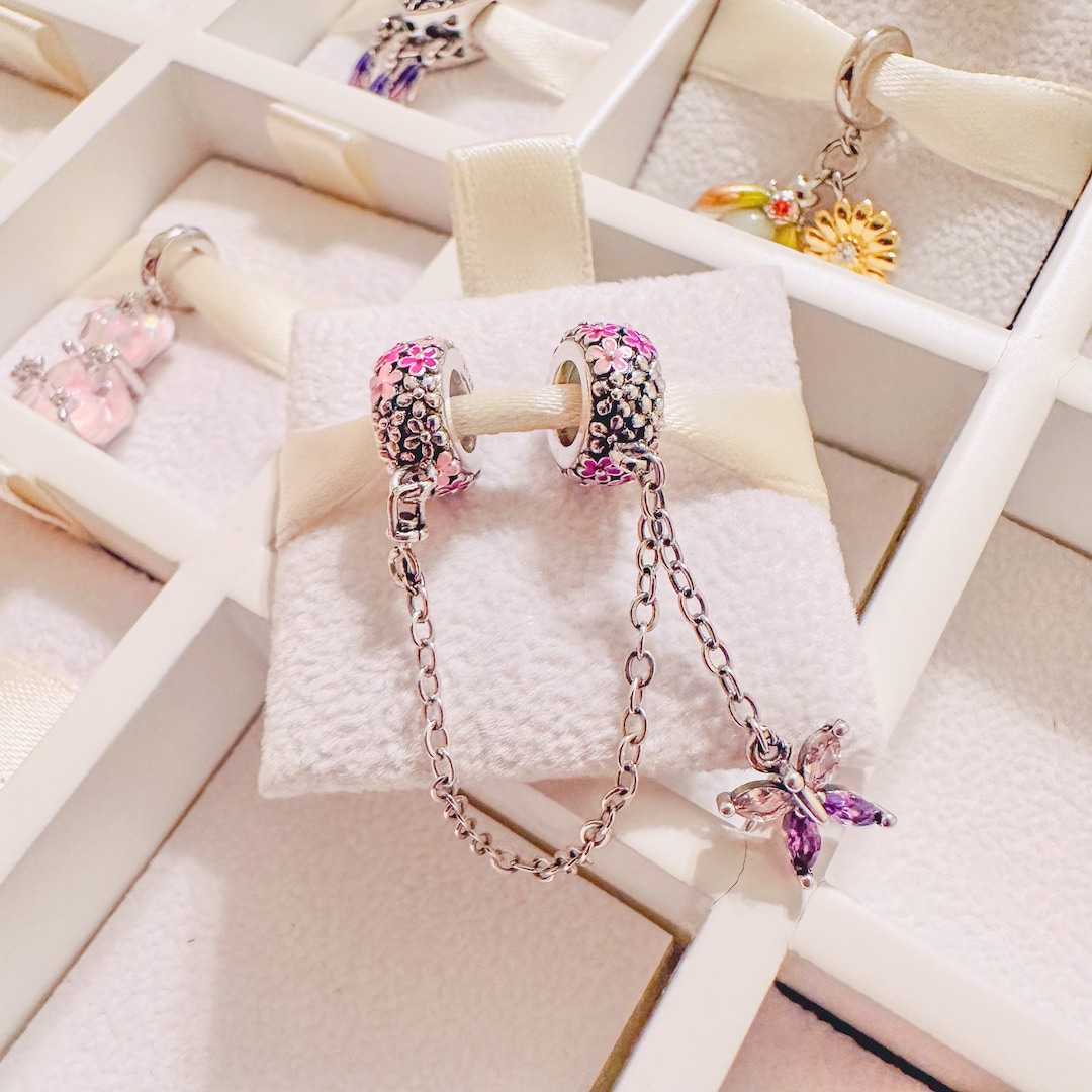925 Sterling Silver Purple Butterfly Safety Chain Charm Bead Fits Charm ...