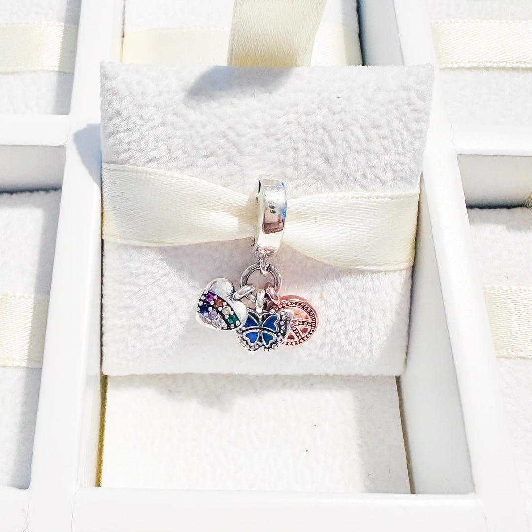 925 Sterling Silver Blue Butterfly, Colorful Heart, Peace and Love ...