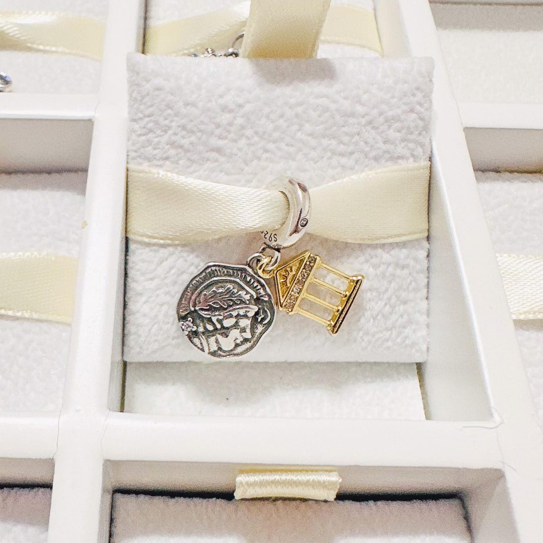 925 Sterling Athens Temple and Coin Charm Fits Pandora Charm Bracelets ...