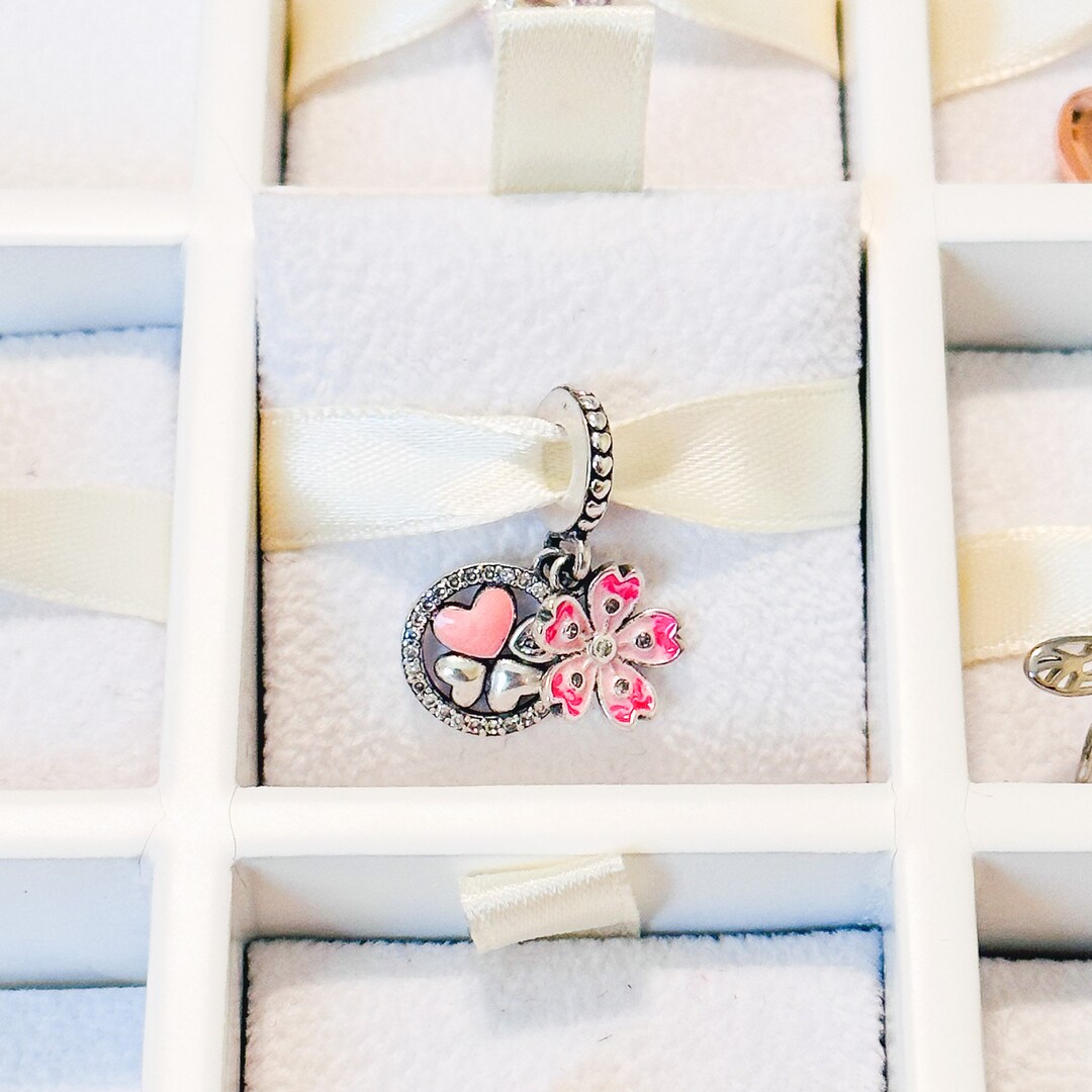 925 Sterling Silver Sakura Flower and Hearts Charm Bead Fits Pandora ...