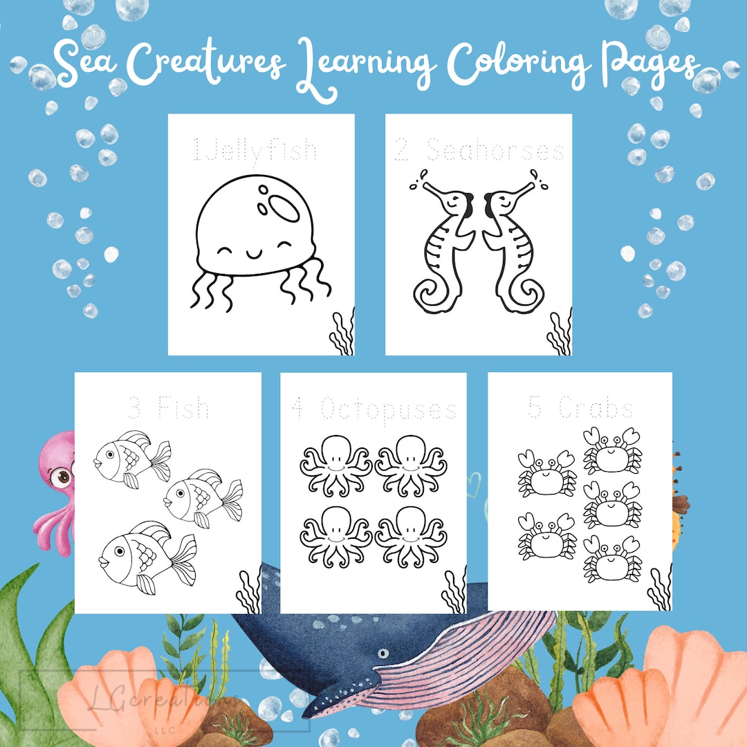 Sea Creatures Learning Coloring Pages: Traceable Numbers - Etsy