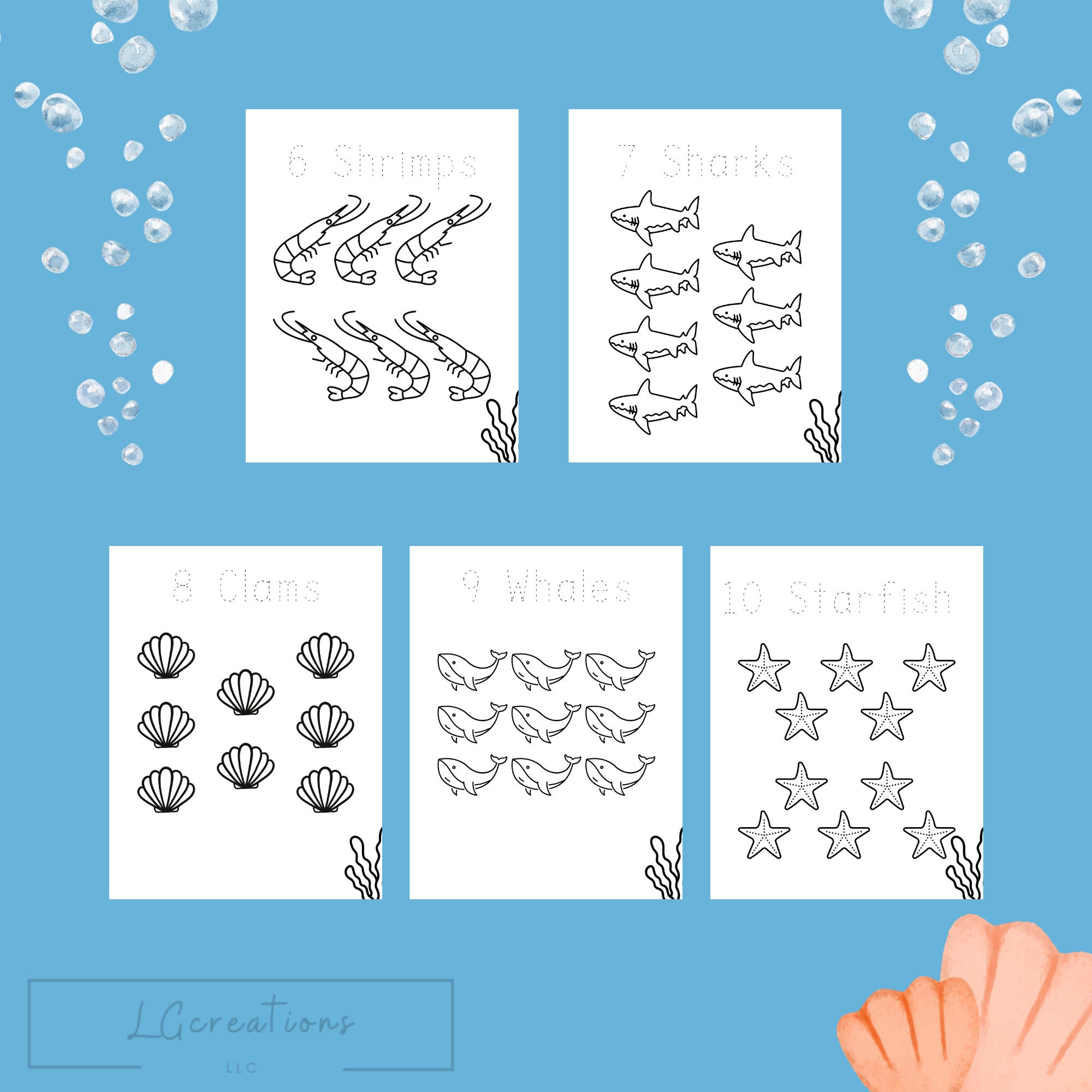Sea Creatures Learning Coloring Pages: Traceable Numbers - Etsy