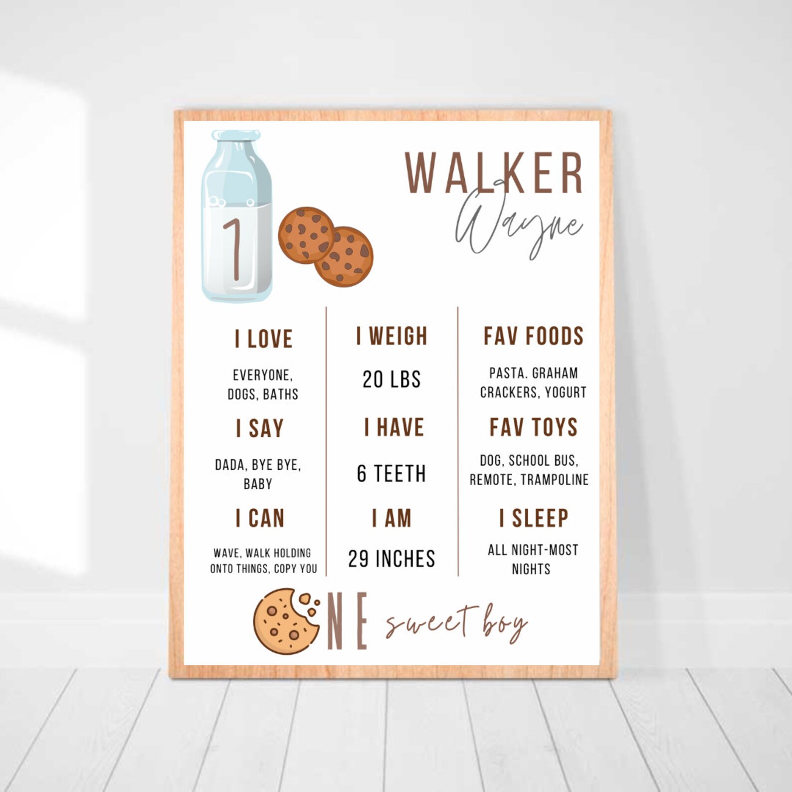 One Sweet Boy Cookies and Milk First Boy Birthday Milestone Poster ...