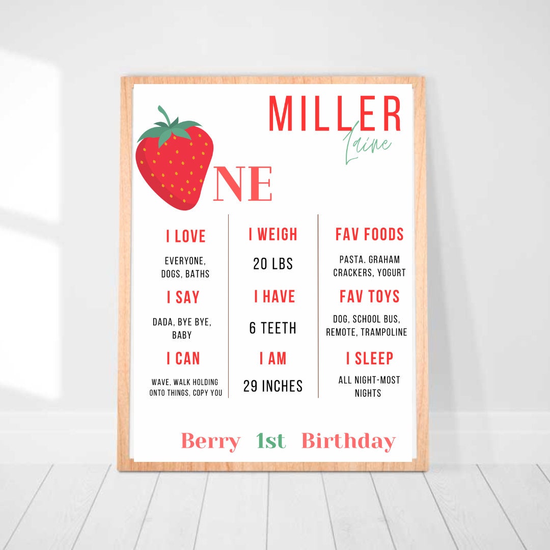 Berry First Birthday Stat Board - Sign - Baby Girl Birthday - Summer ...