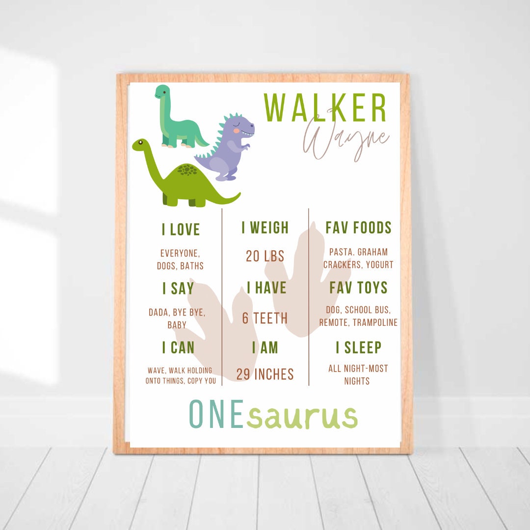 Onesaurus Dinosaur First Birthday Stat Board - Poster - Banner - Sign ...
