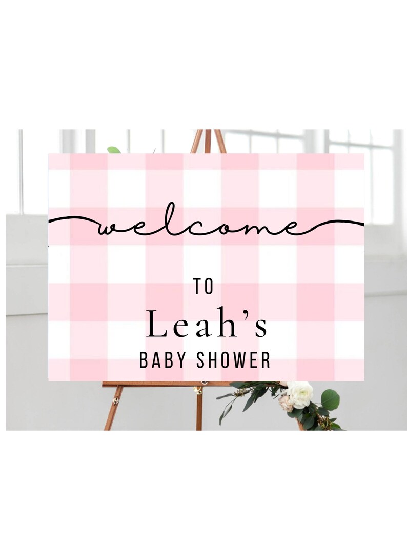 Pink Gingham Preppy Girl Baby Shower - Baby Shower Welcome Sign - Pink ...