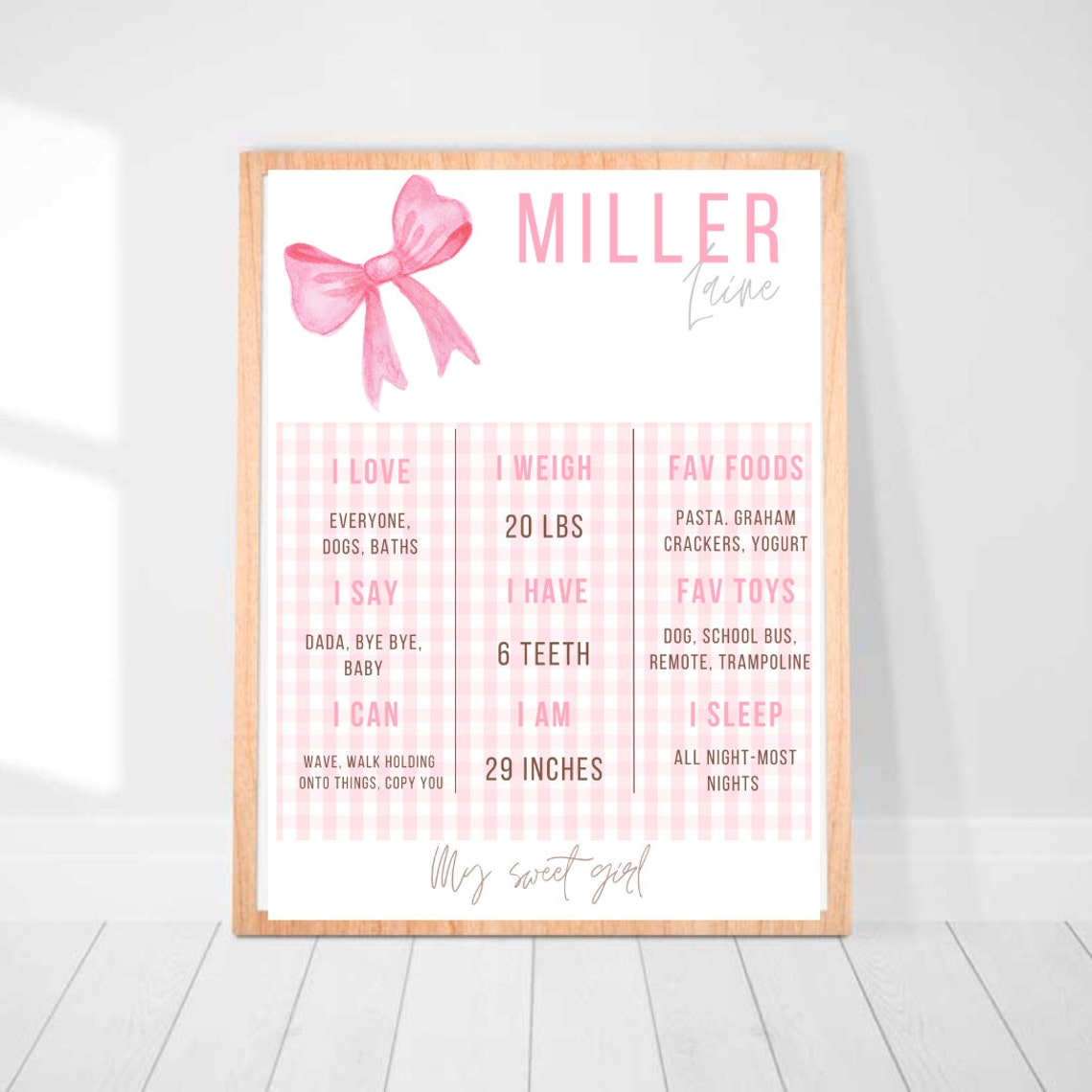 Pink Gingham Stat Board for First Birthday - Editable - Printable ...