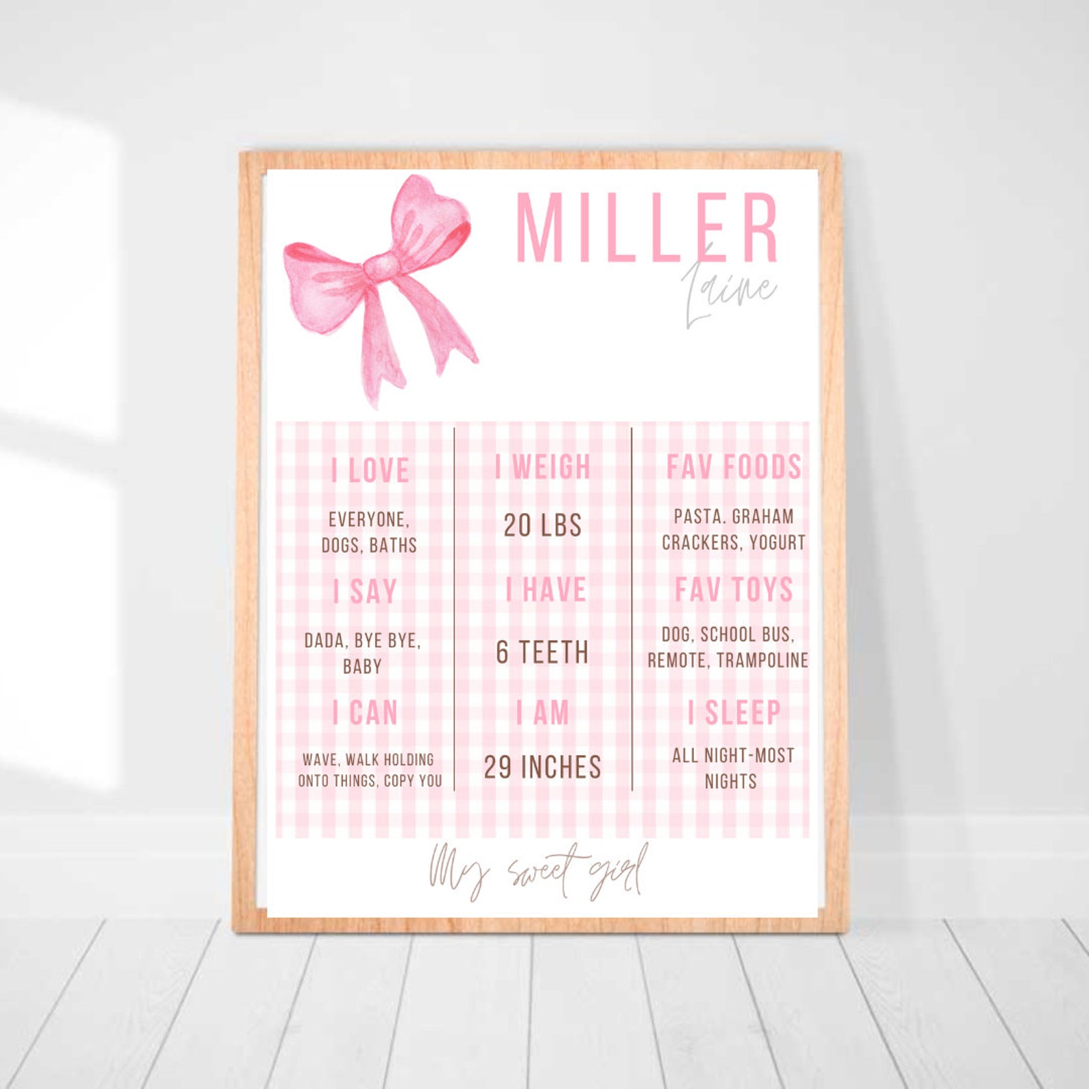 Pink Gingham Stat Board for First Birthday - Editable - Printable ...