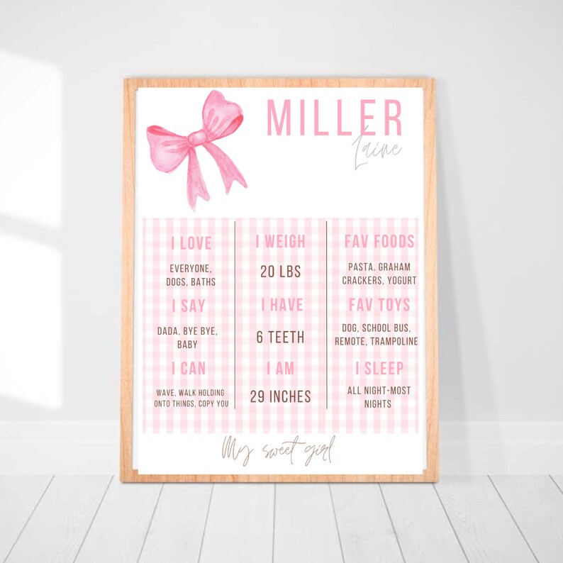 Pink Gingham Stat Board for First Birthday - Editable - Printable ...