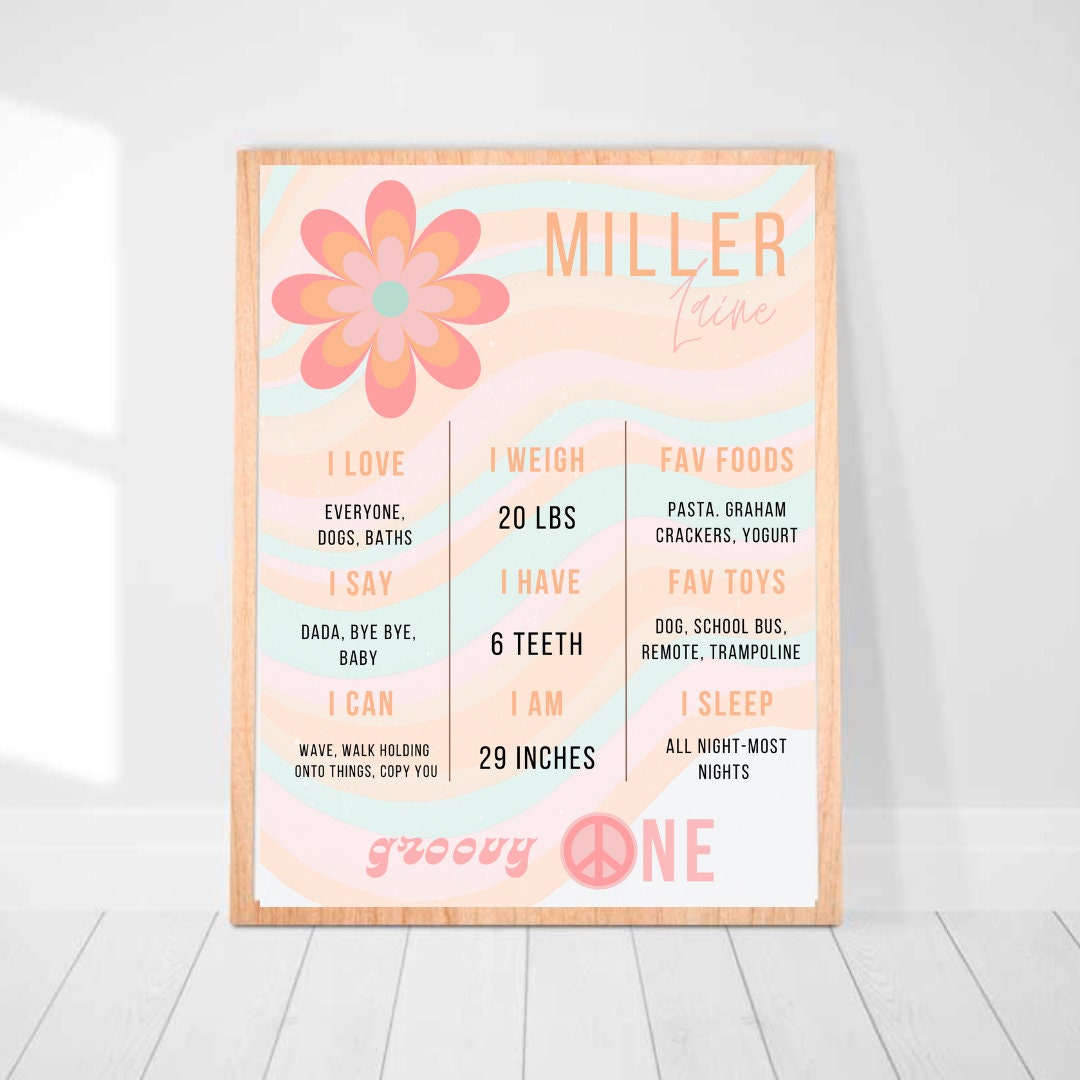 Groovy One First Birthday Stat Board - Milestone Poster - Hippie ...