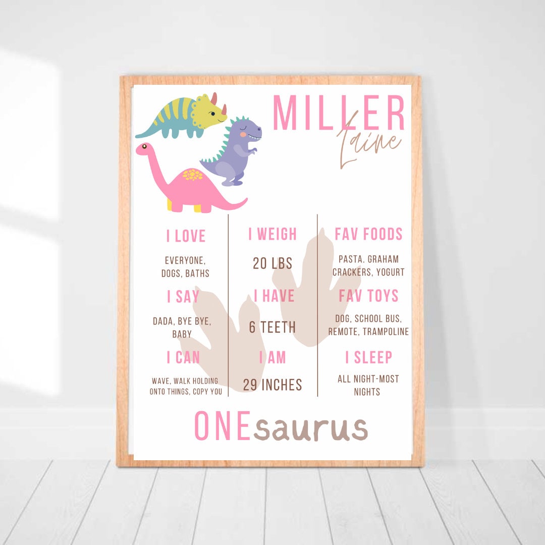 Onesaurus Dinosaur Girl First Birthday Stat Board Poster Sign Banner ...