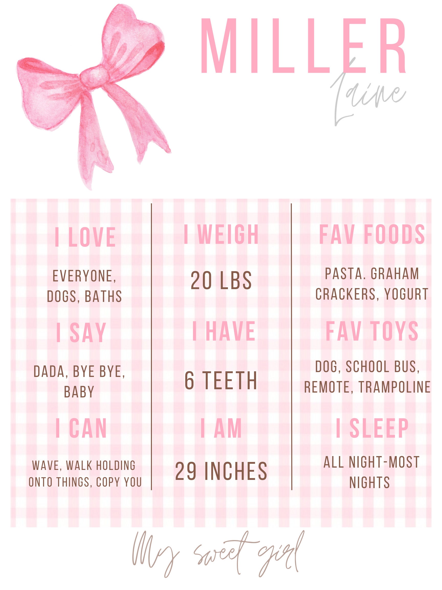 Pink Gingham Stat Board for First Birthday - Editable - Printable ...