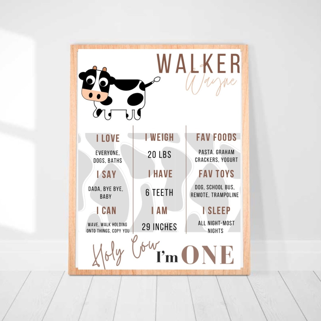 Holy Cow I’m One Boy First Birthday Poster - Stat Board - Boy First ...