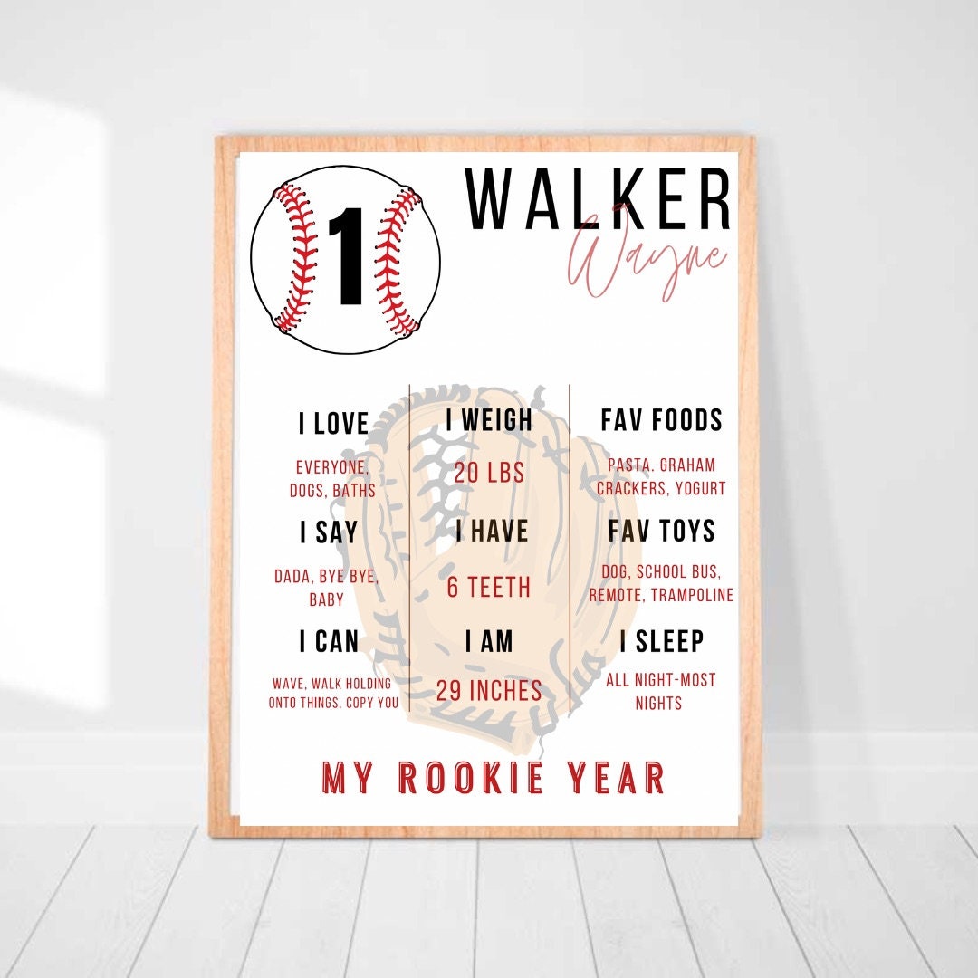 Rookie Year Boy First Birthday Milestone Poster Stat Board Baseball ...