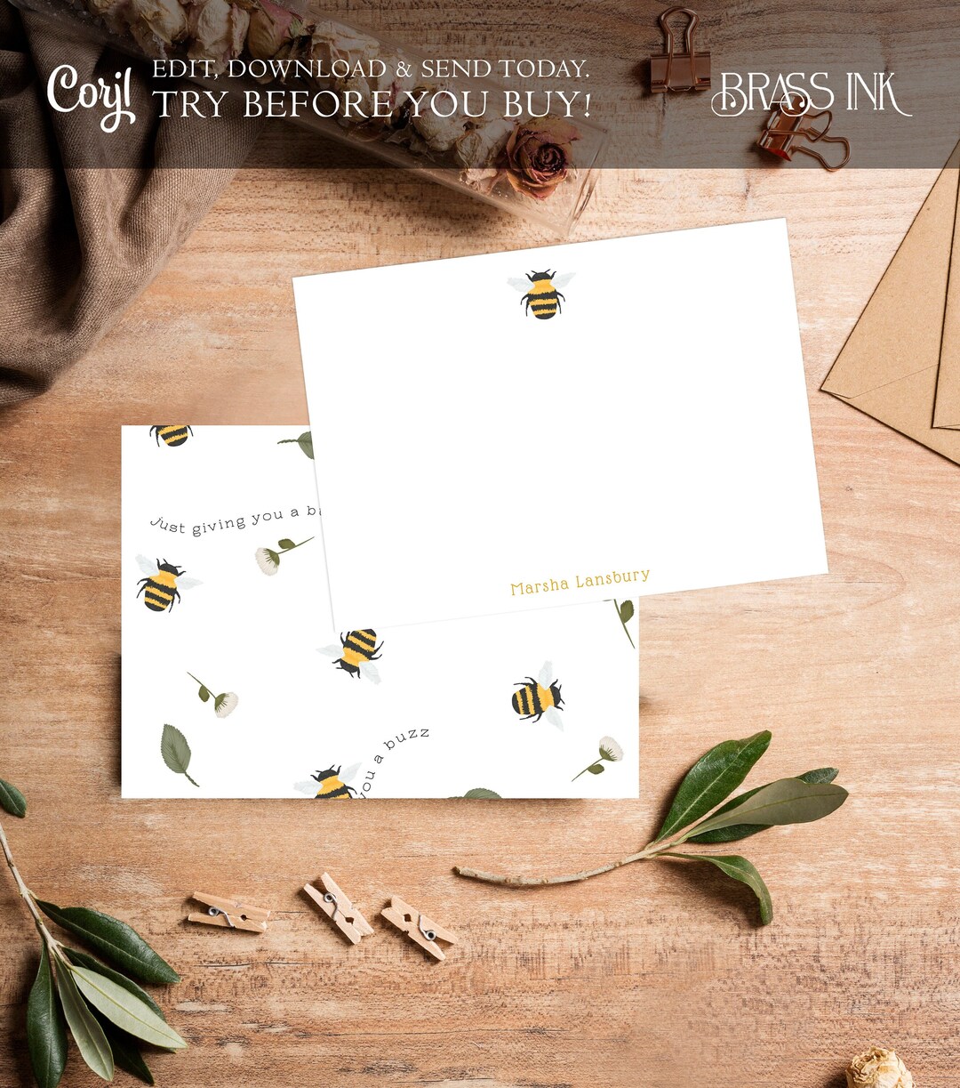 Giving You A Buzz Stationery Note Card Digital Template Corjl Printable ...